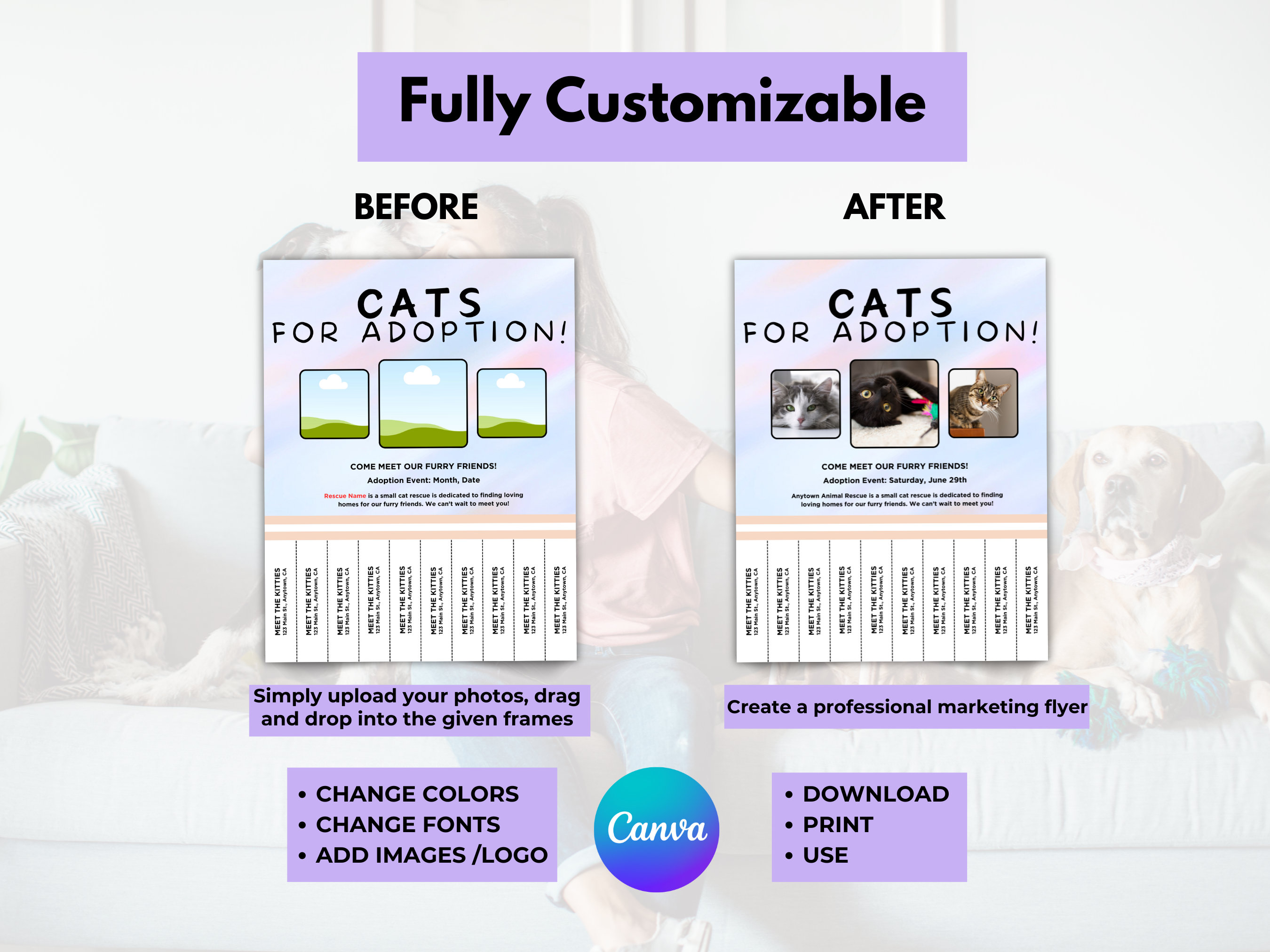 Editable Cat Adoption Event Tear off Flyer, Nonprofit Animal Shelter ...