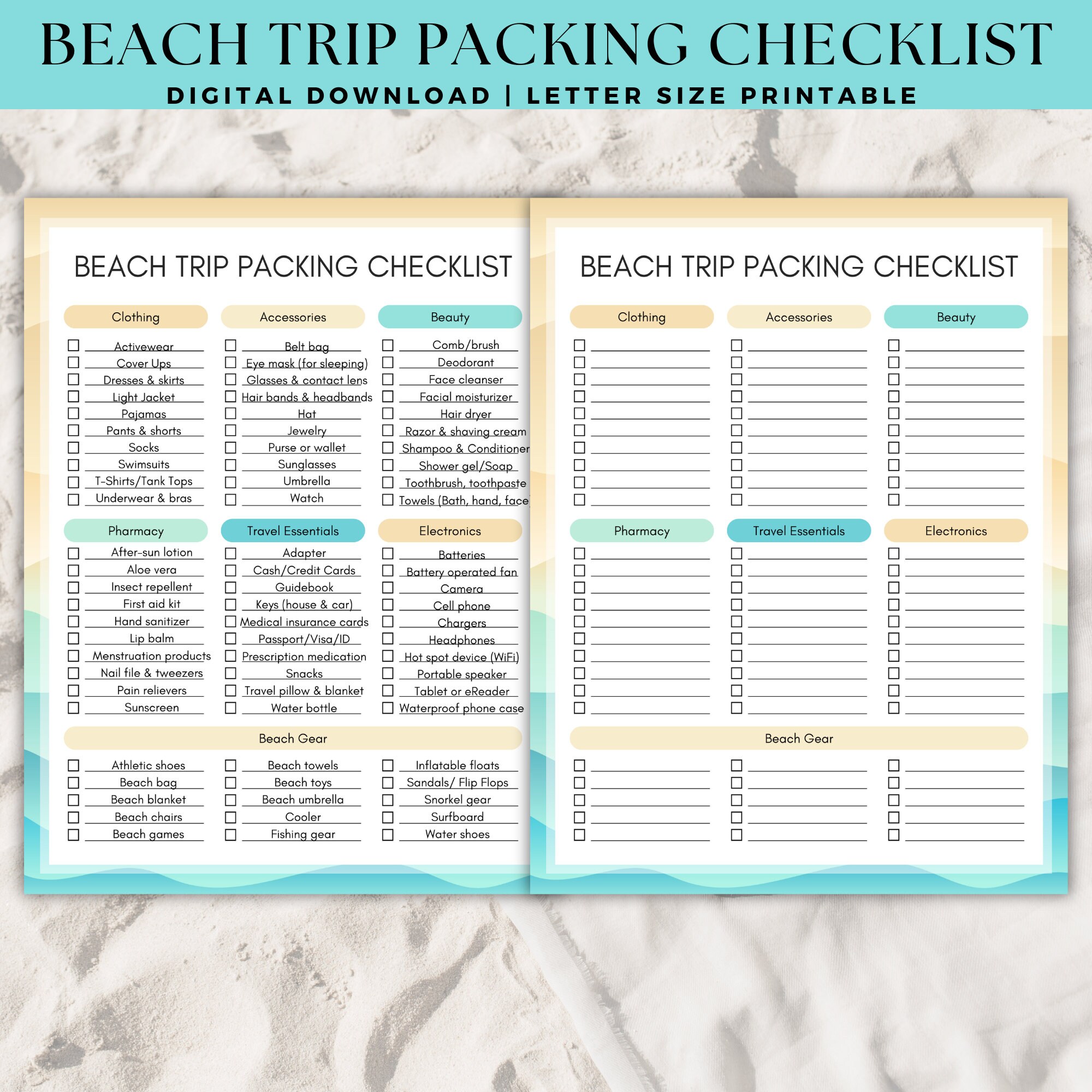 Printable Travel Essentials Packing Checklist- Vibrant Ocean Inspired ...