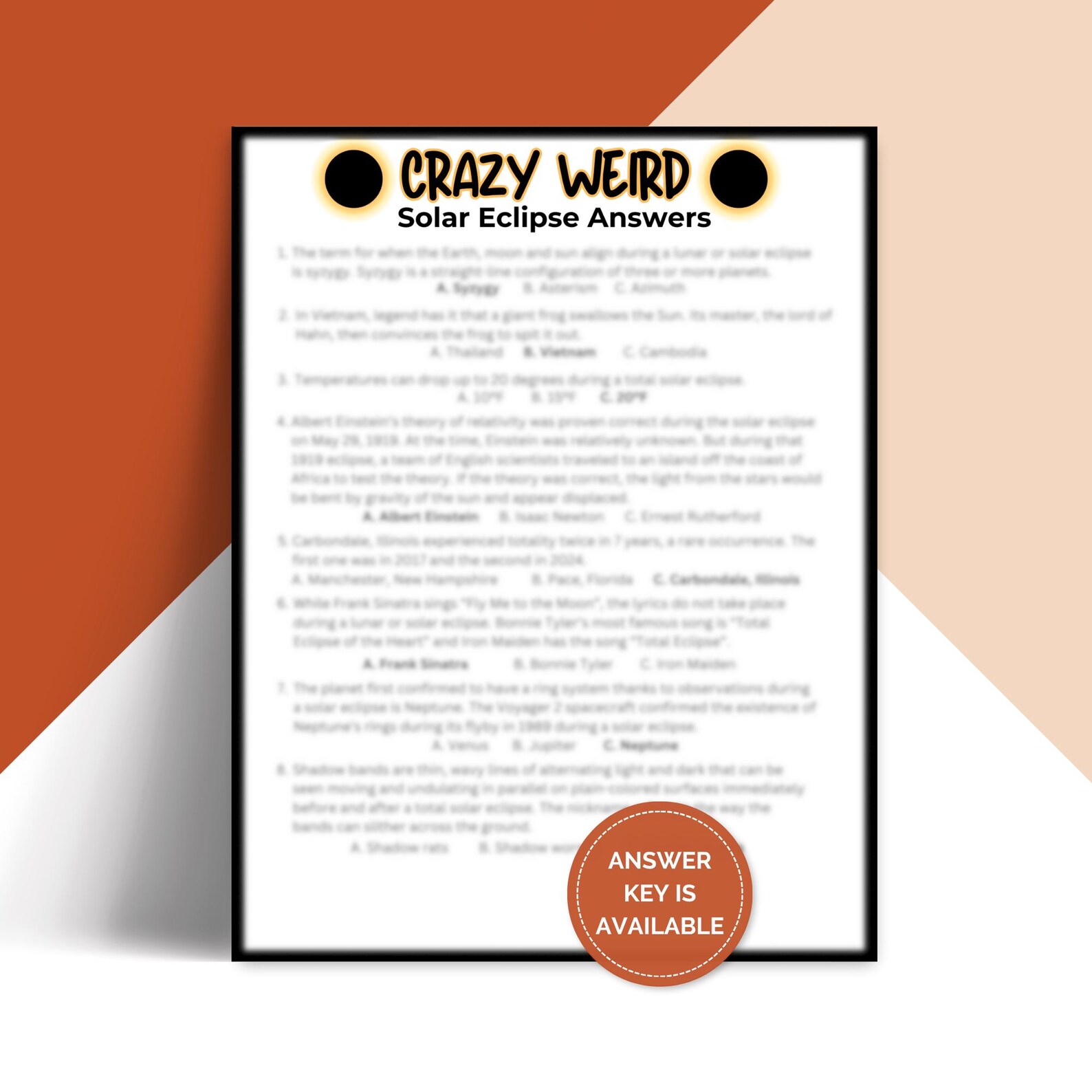 Printable Crazy Weird Solar Eclipse Trivia Game, Pub Trivia, Icebreaker ...