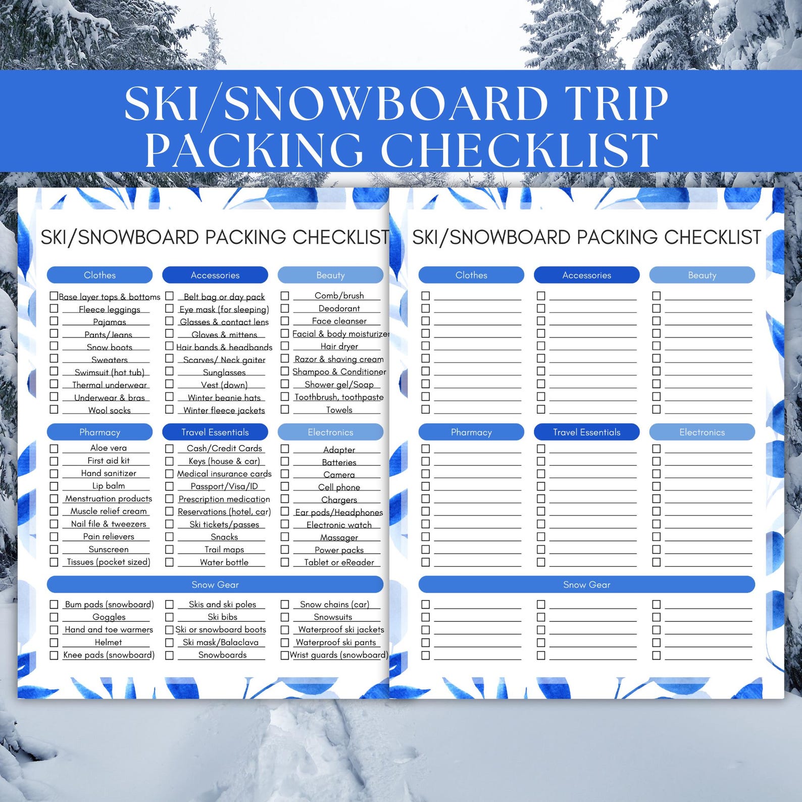 Printable Blue Ski and Snowboard Travel Checklist for All Your Travel ...
