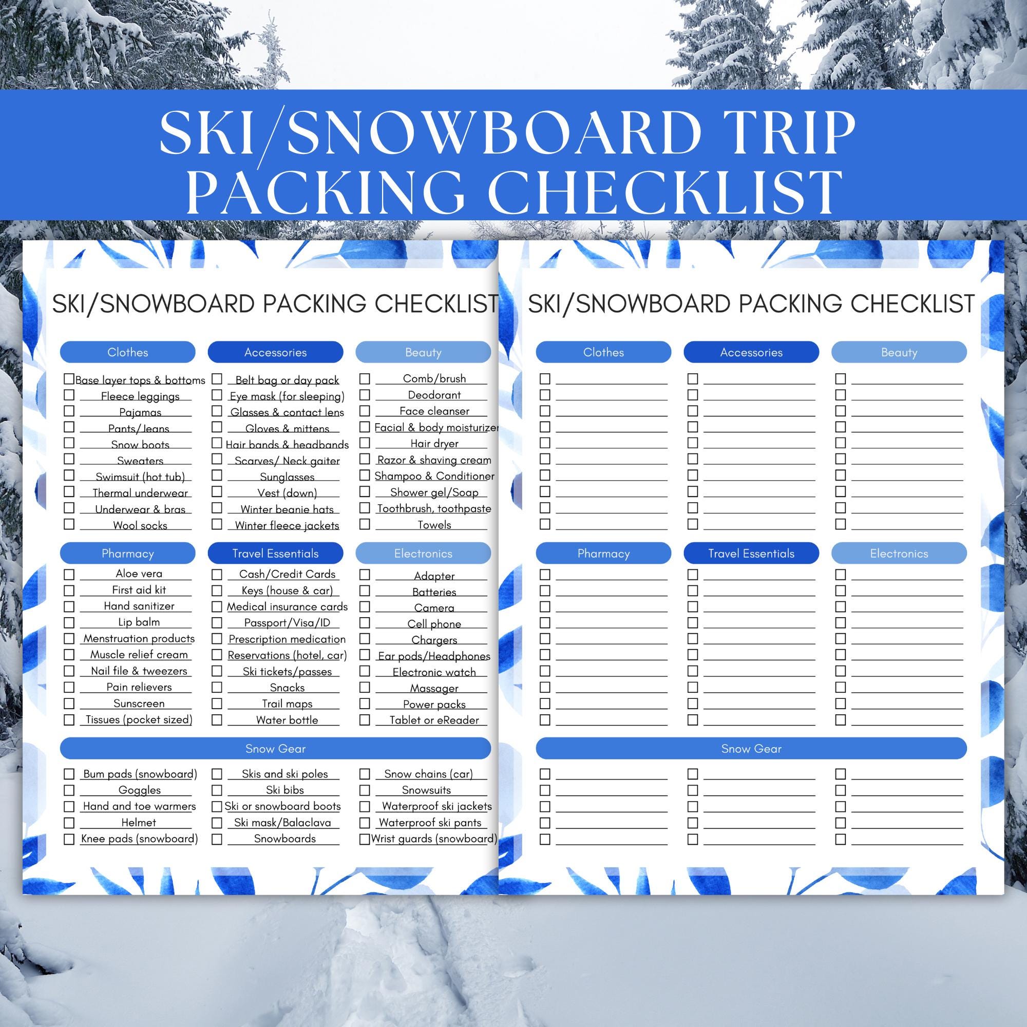 Printable Blue Ski and Snowboard Travel Checklist for All Your Travel ...