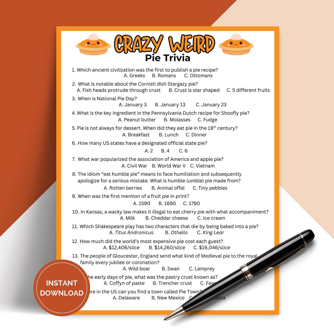 Printable Crazy Weird Pie Trivia Game, Baking Pub Trivia, Icebreaker Activities for Work TRIV02 ...