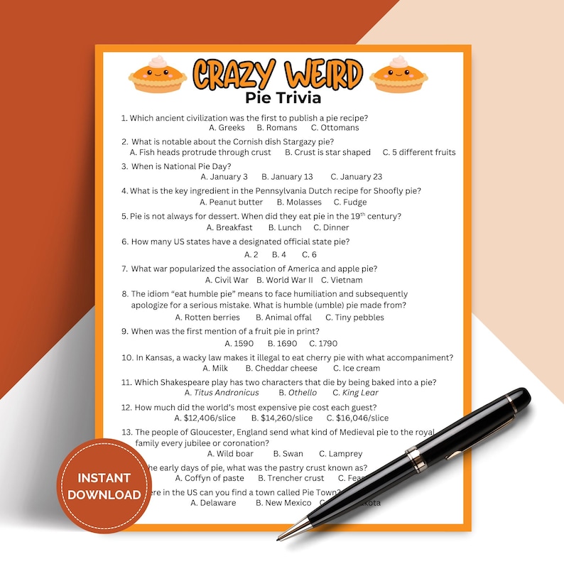 Printable Crazy Weird Pie Trivia Game, Baking Pub Trivia, Icebreaker ...