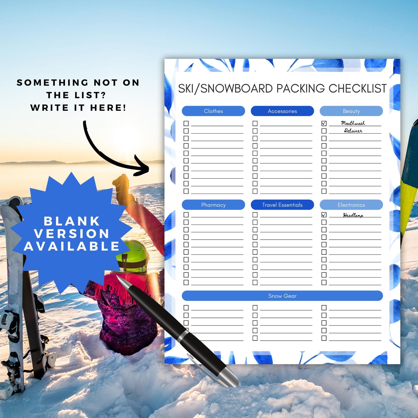 Printable Blue Ski and Snowboard Travel Checklist for All Your Travel ...