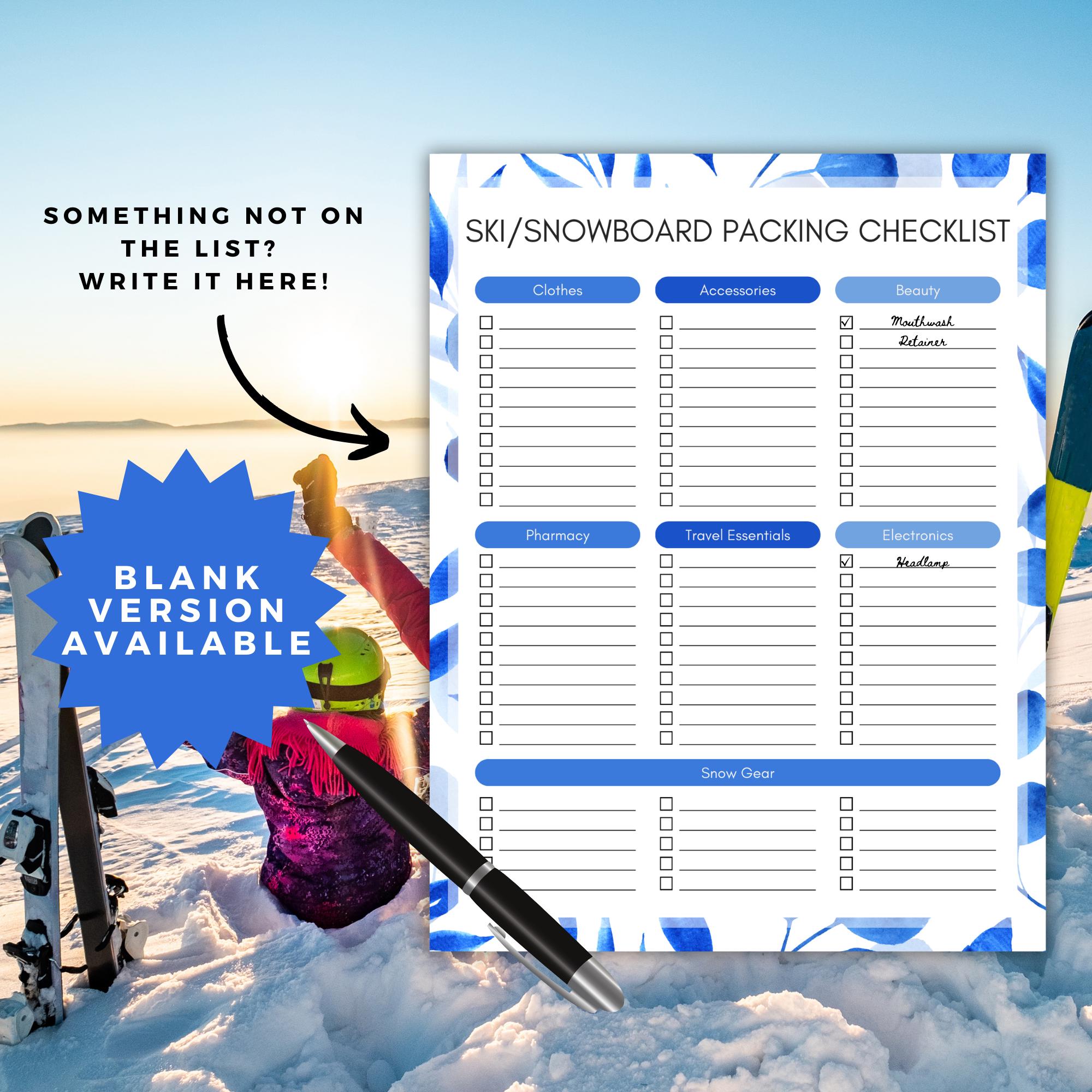 Printable Blue Ski and Snowboard Travel Checklist for All Your Travel ...