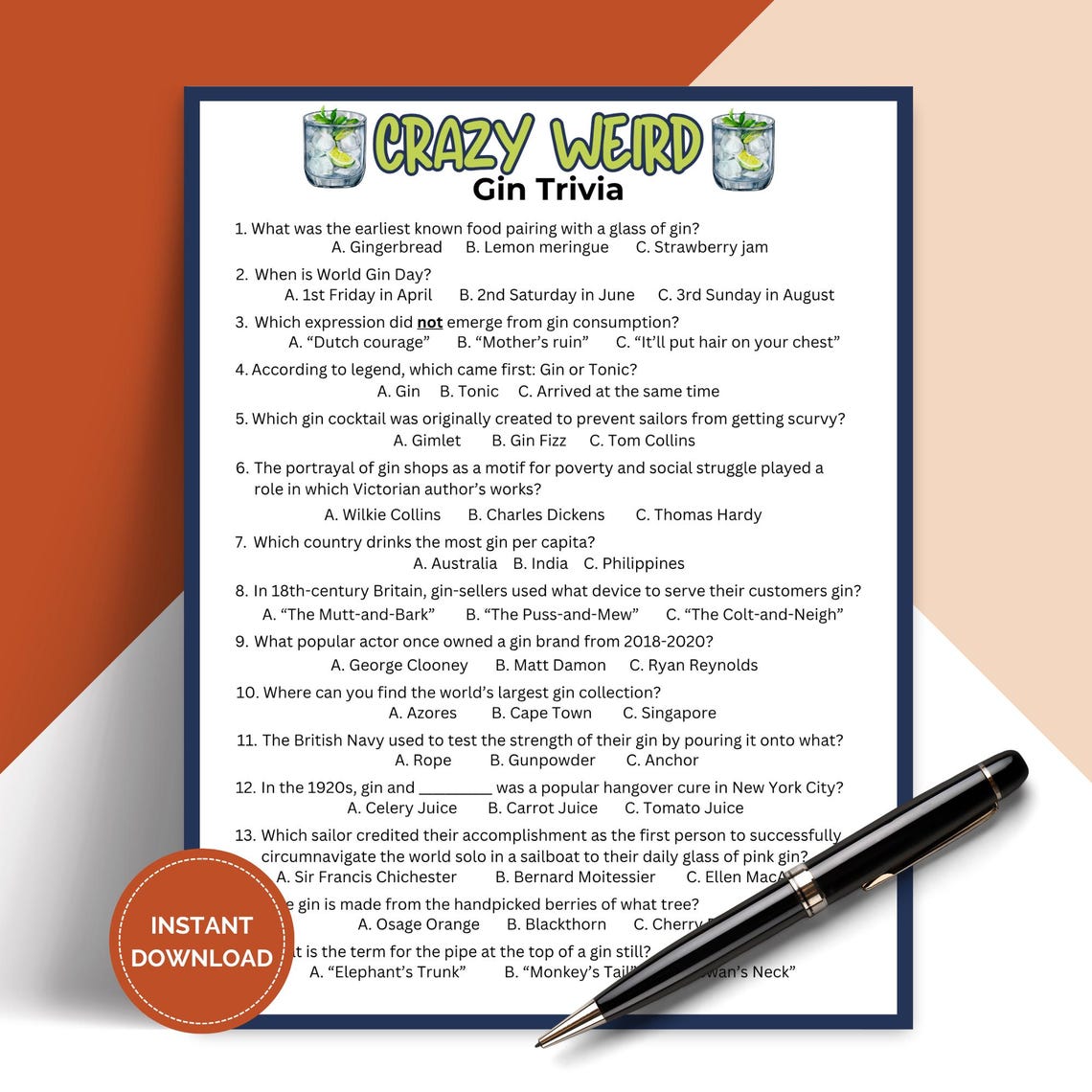 Printable Crazy Weird Gin Trivia Game, Pub Trivia, Icebreaker Games for ...