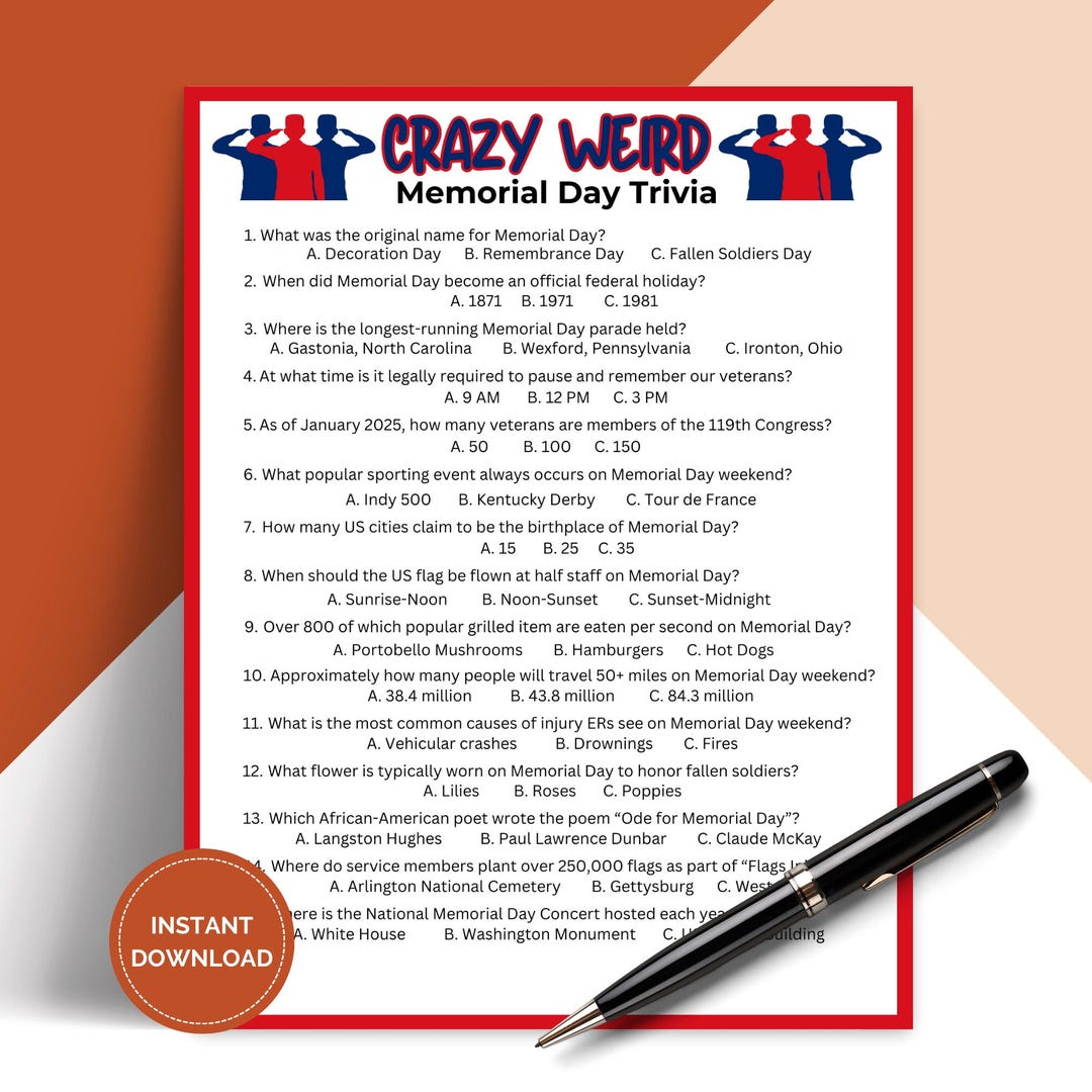 Printable Crazy Weird Memorial Day Trivia Game, Pub Trivia, Icebreaker Activities for Work ...