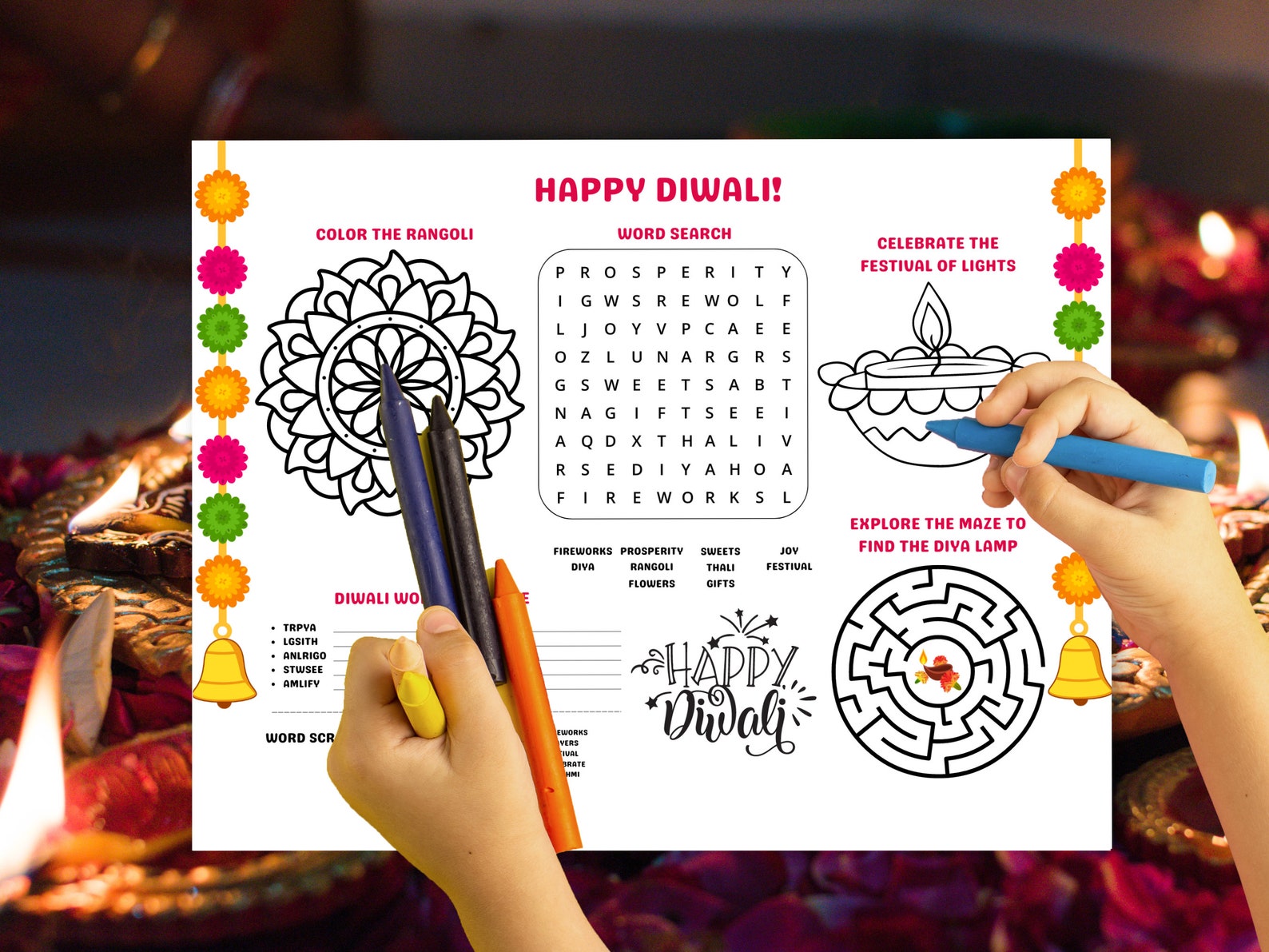 Printable Diwali Coloring Paper Placemats, Diwali Gift Ideas for Kids ...