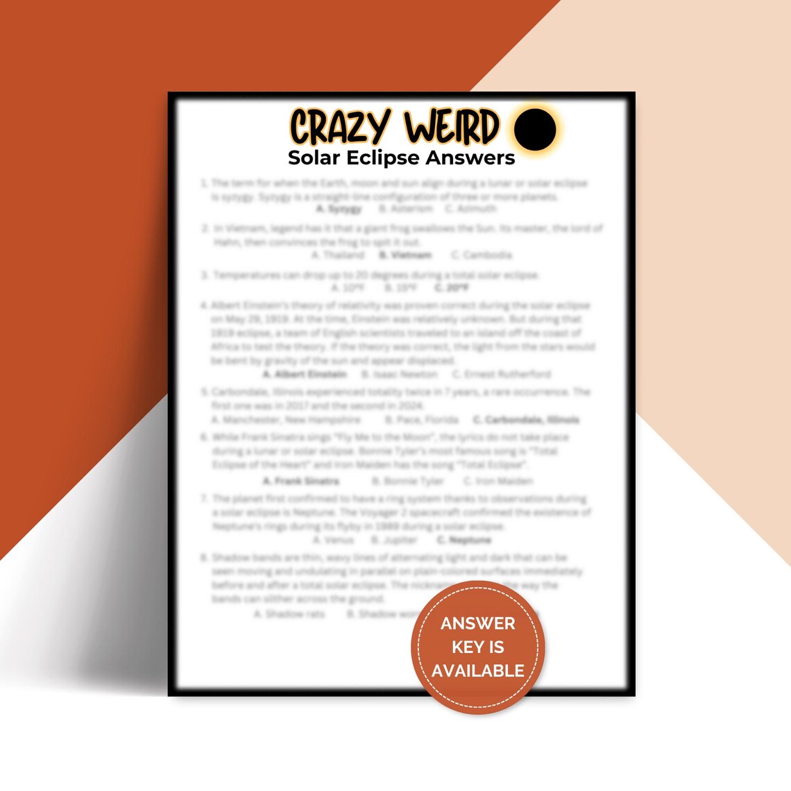 Printable Crazy Weird Solar Eclipse Trivia Game, Pub Trivia, Icebreaker ...