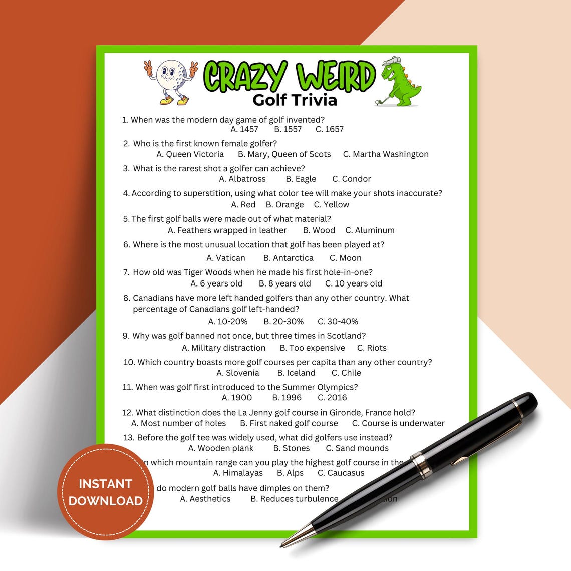 Printable Crazy Weird Golf Trivia Game, Pub Sports Trivia Night, Team ...