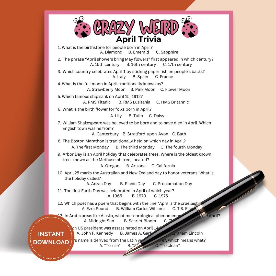 Printable Crazy Weird April Trivia Game Questions and Answers, Pub ...