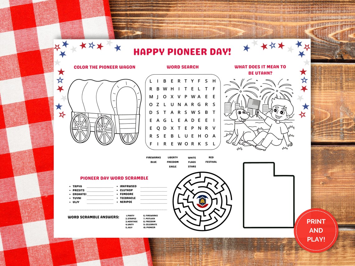 Printable LDS Pioneer Day Coloring Placemat - Fun Games & Activities ...