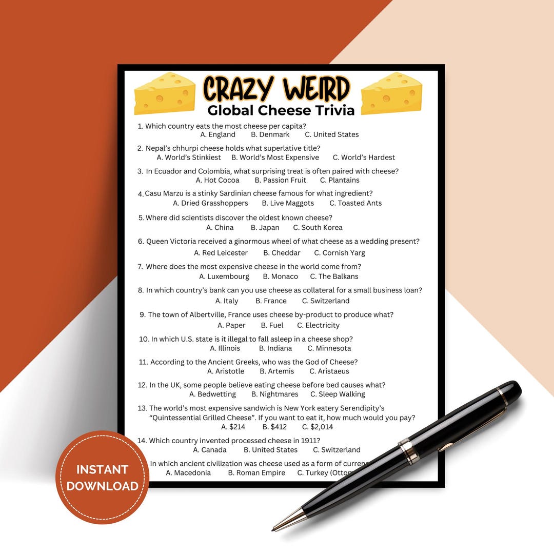 Printable Crazy Weird Cheese Trivia Game, Office Party Game, Pub Trivia ...