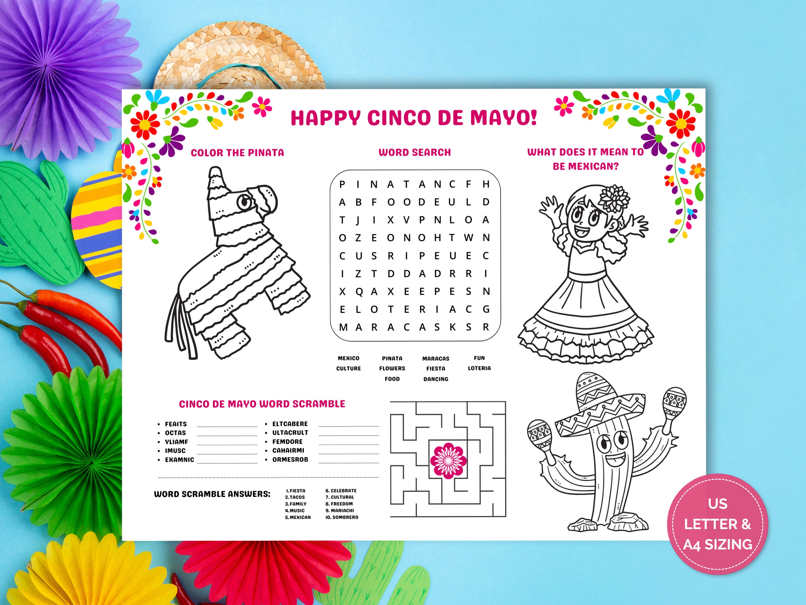 Printable Cinco De Mayo Activity Paper Placemat- Fiesta Party Games Fun ...