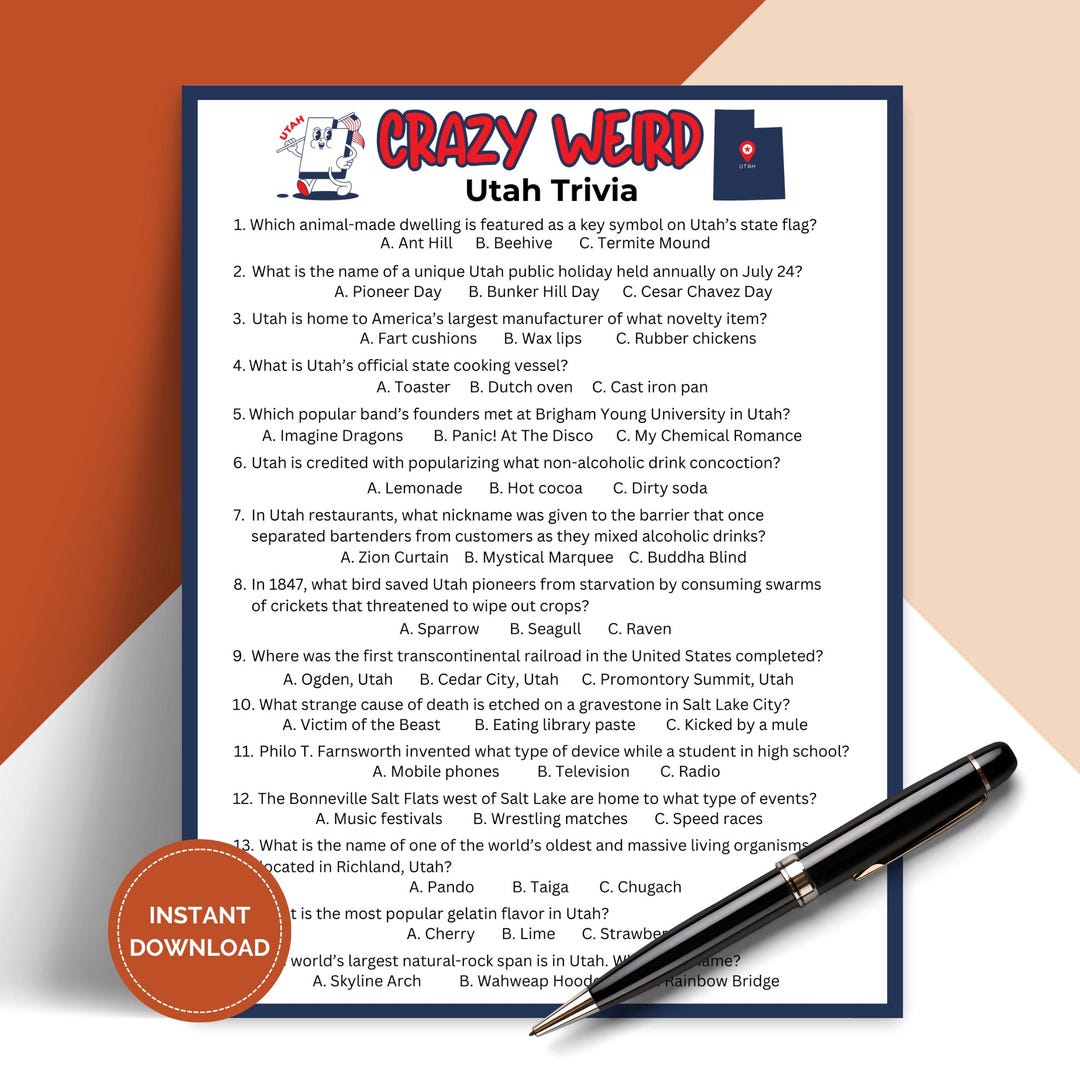 Printable Crazy Weird Utah Trivia Game, US States Pub Trivia ...