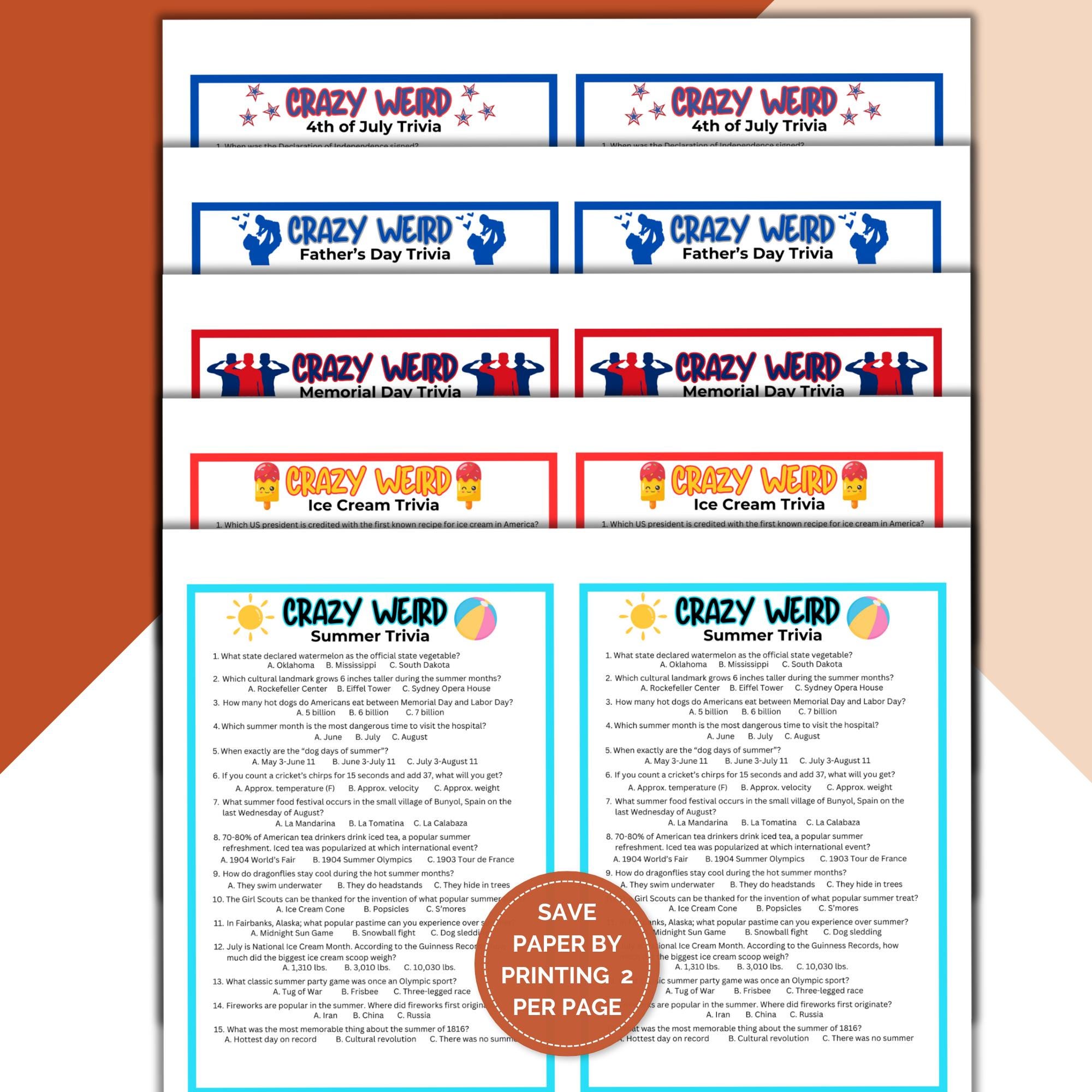 Crazy Weird Summer Trivia Game Printable Bundle, Pub Trivia Night ...