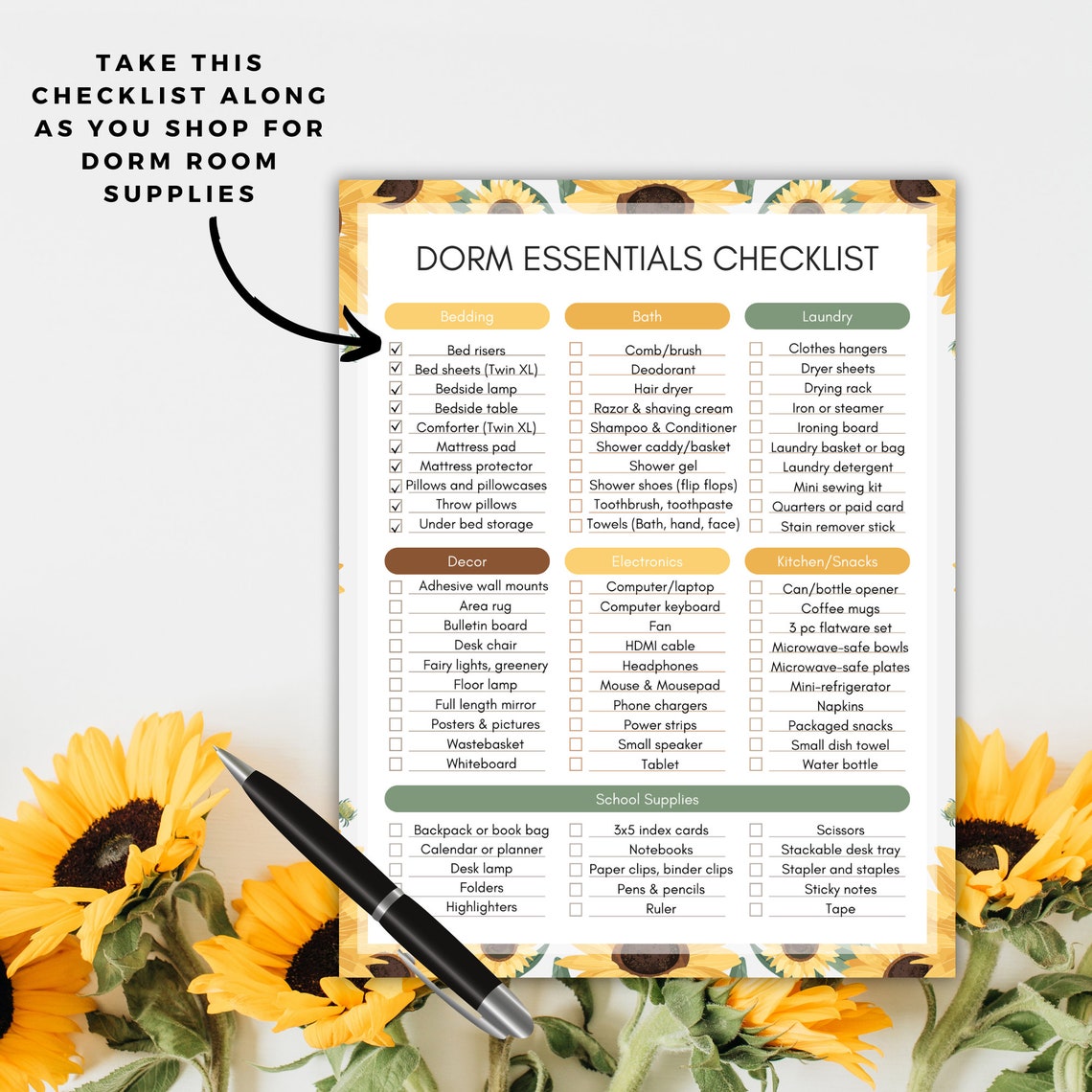 Printable Dorm Room Essentials Checklist - A Sunflower Floral Aesthetic ...