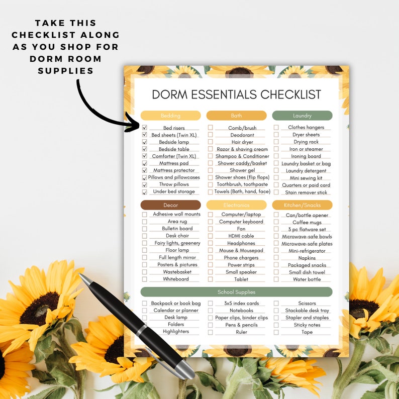 Printable Dorm Room Essentials Checklist - A Sunflower Floral Aesthetic ...