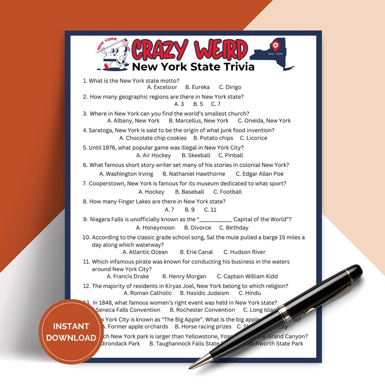 Printable Crazy Weird New York State Trivia Game, US States Pub Trivia ...