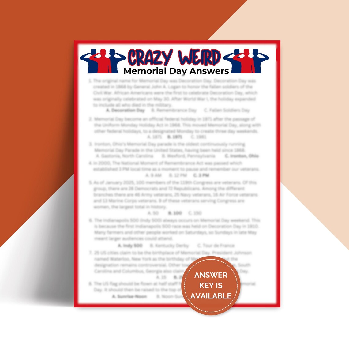 Printable Crazy Weird Memorial Day Trivia Game, Pub Trivia, Icebreaker ...