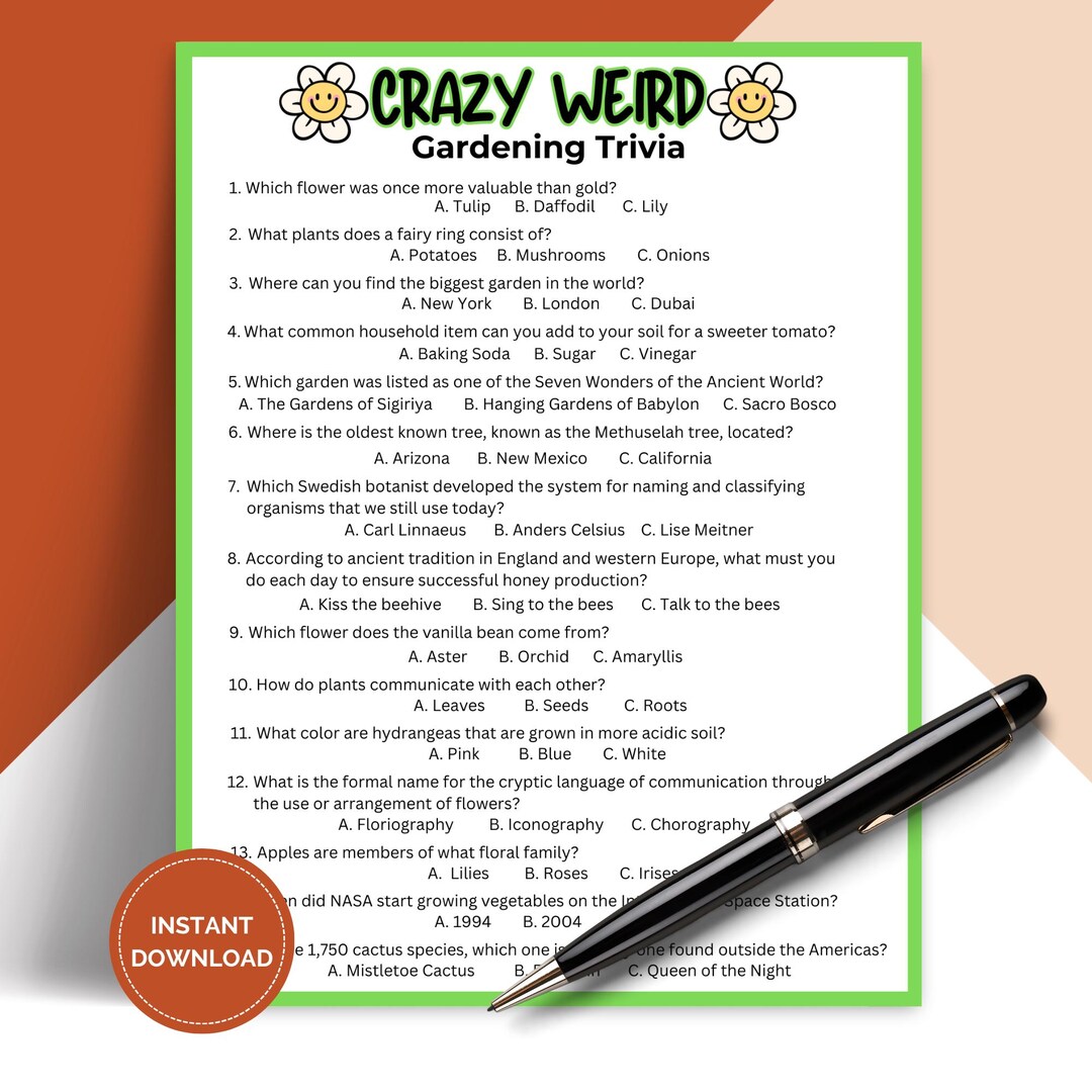 Printable Crazy Weird Gardening Trivia Game, Pub Trivia, Nature and ...