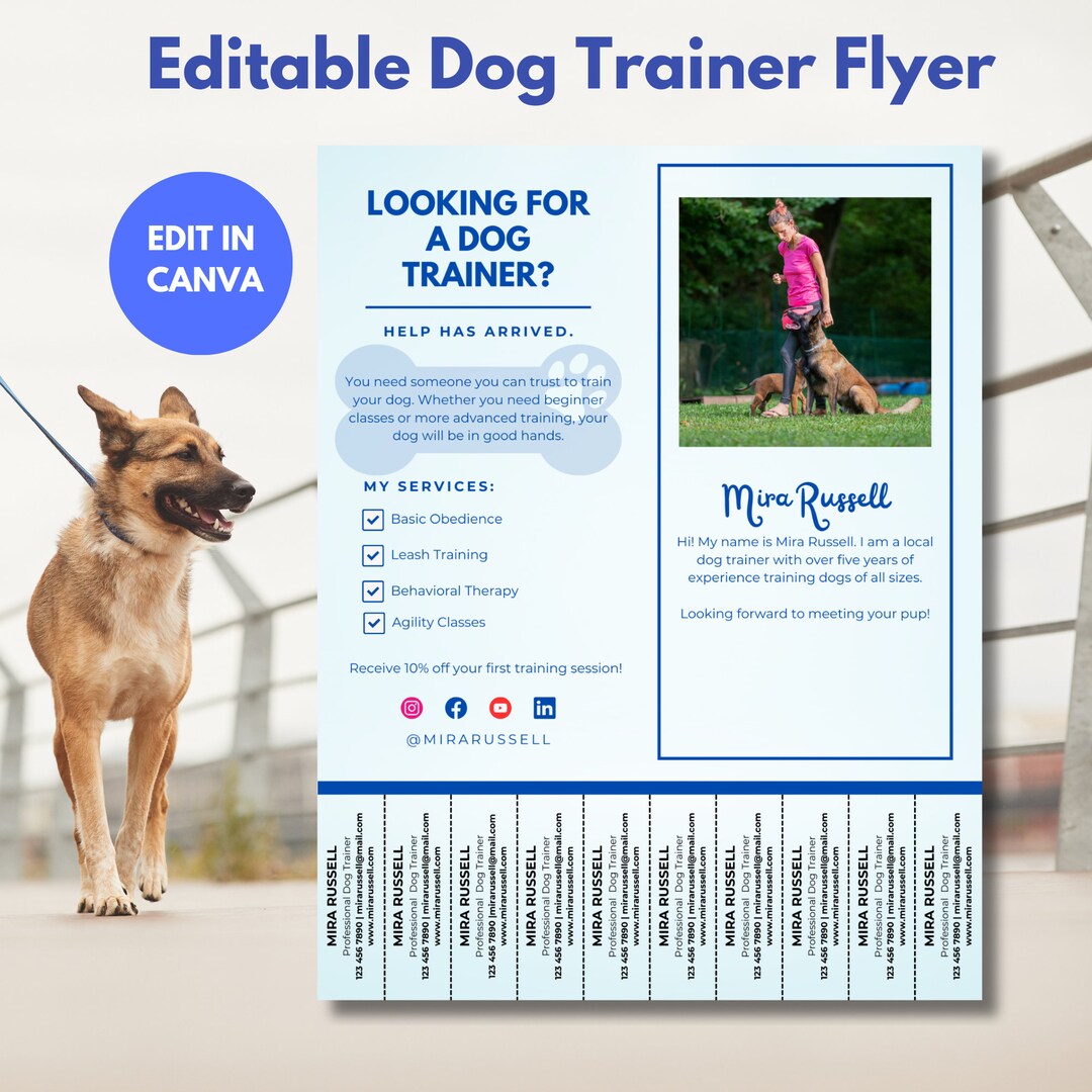 Editable Dog Trainer Tear off Flyer, Pet Business Service Flyer, Doggy ...