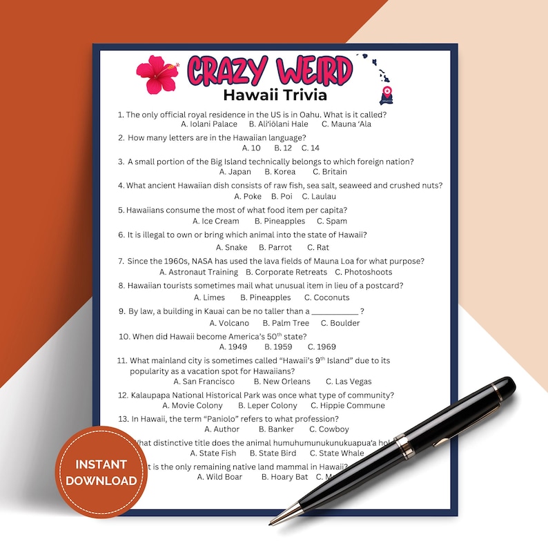Printable Crazy Weird Hawaii Trivia Game, US States Pub Trivia ...