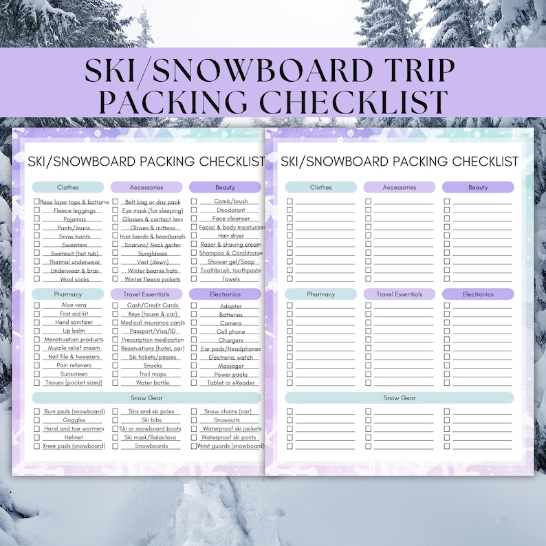 Printable Purple Ski and Snowboard Travel Checklist for All Your Travel ...