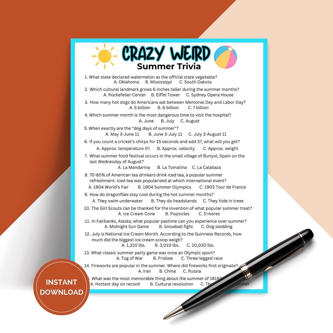 Printable Crazy Weird Summer Trivia Game, Pub Trivia, Icebreaker Games ...