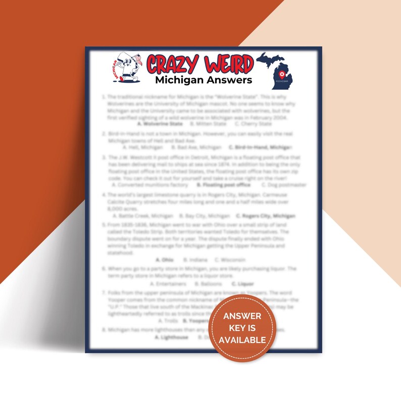 Printable Crazy Weird Michigan Trivia Game, US States Pub Trivia ...