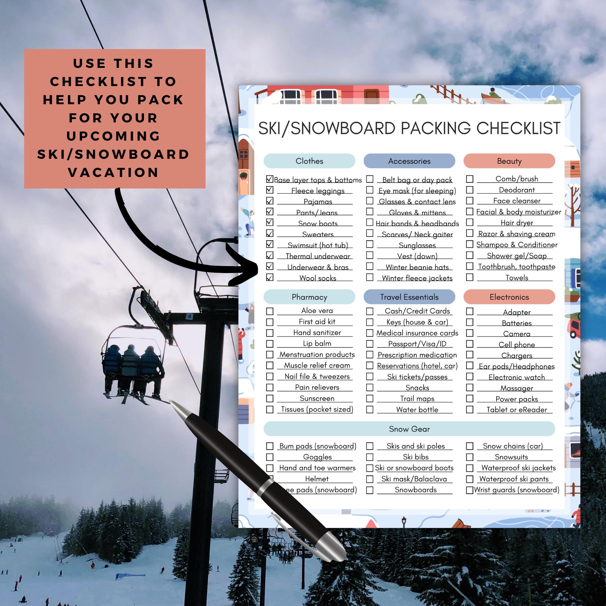Printable Winter Ski and Snowboard Travel Checklist for All Your Travel ...