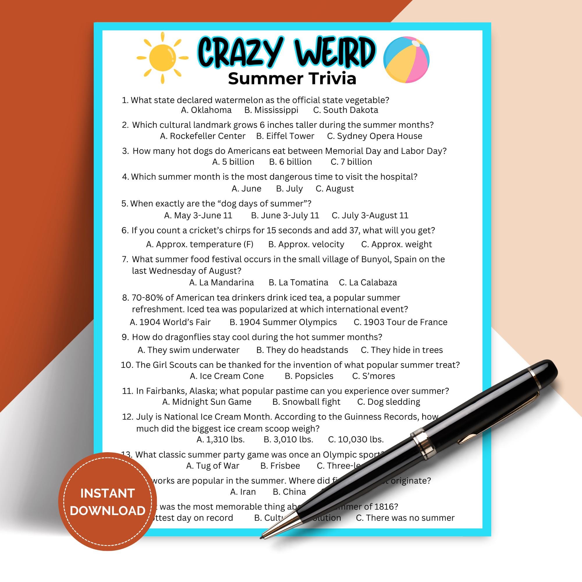 Printable Crazy Weird Summer Trivia Game, Pub Trivia, Icebreaker Games ...