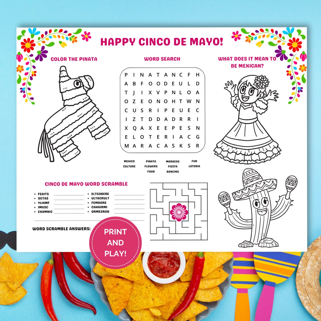 Printable Cinco De Mayo Activity Paper Placemat- Fiesta Party Games Fun ...