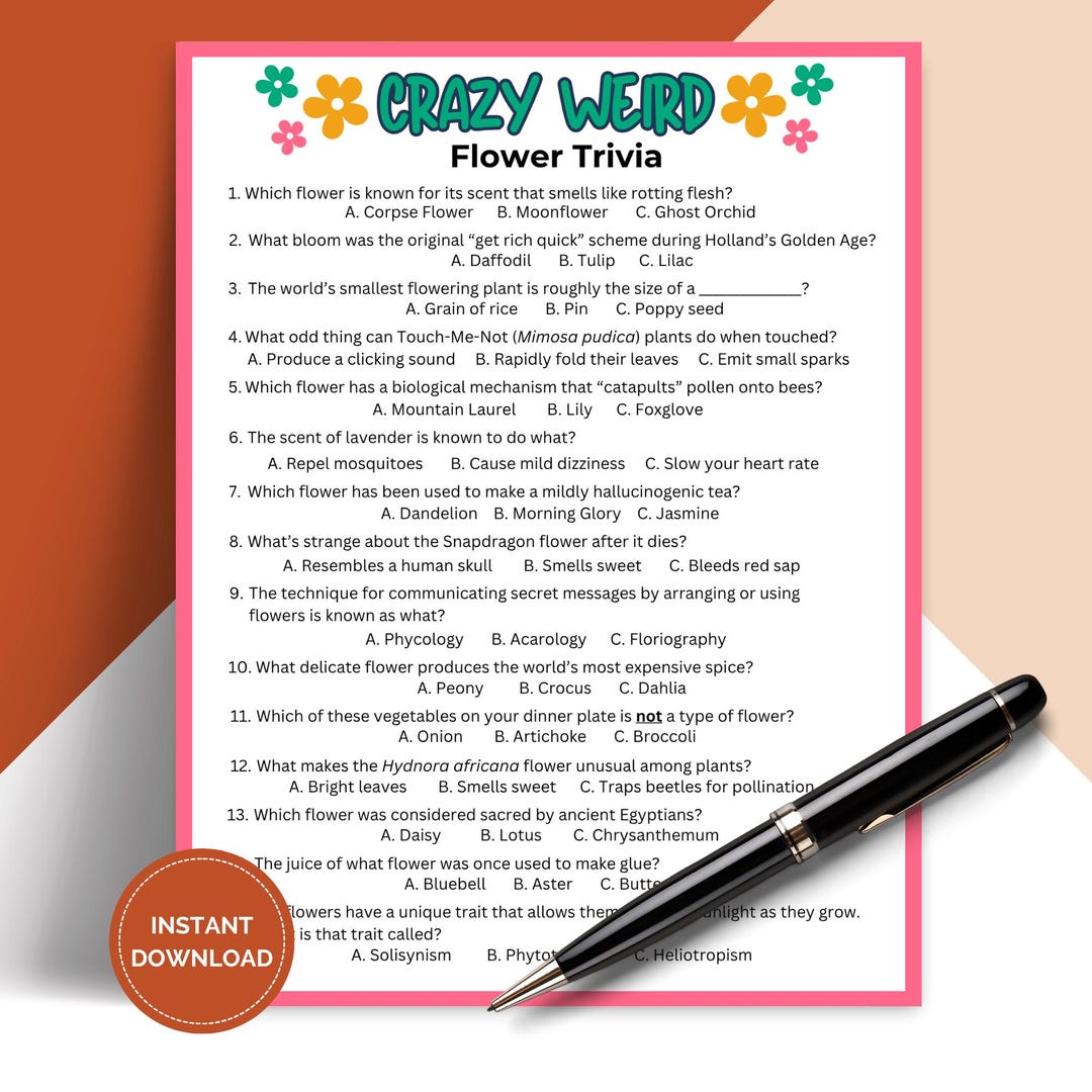 Printable Crazy Weird Flower Trivia Game, Pub Trivia, Nature and Plant ...