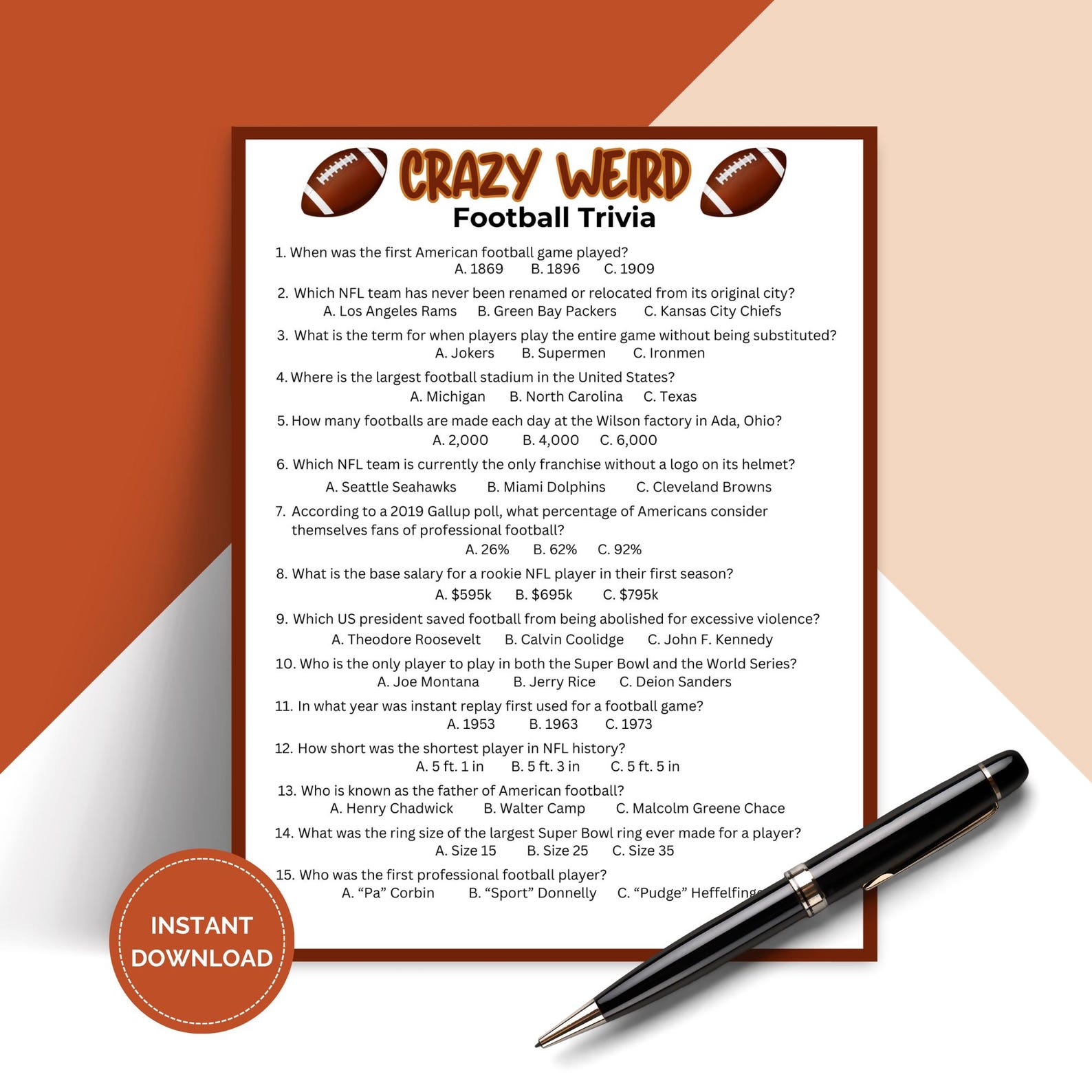 Printable Crazy Weird Football Trivia Game, Pub Trivia, Sports Party ...