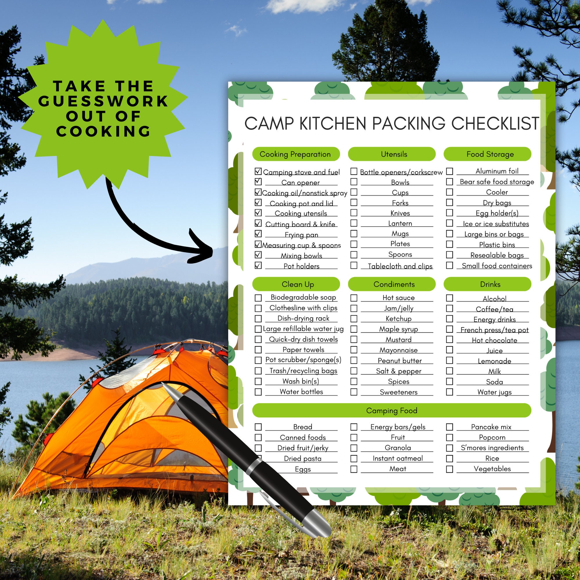 Printable Camping Essentials Checklist Green, Camping Packing Checklist ...