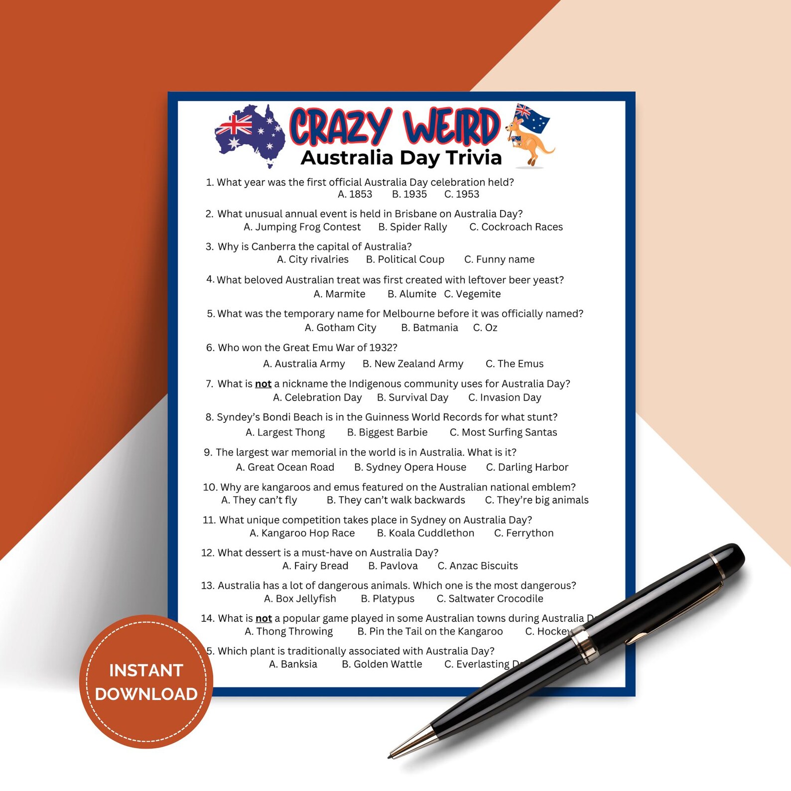 Printable Crazy Weird Australia Day Trivia Game, Pub Trivia, Icebreaker ...