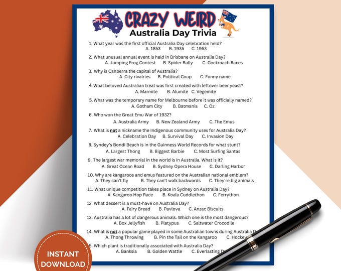Printable Crazy Weird Australia Day Trivia Game, Pub Trivia, Icebreaker Games TRIV02 - Etsy