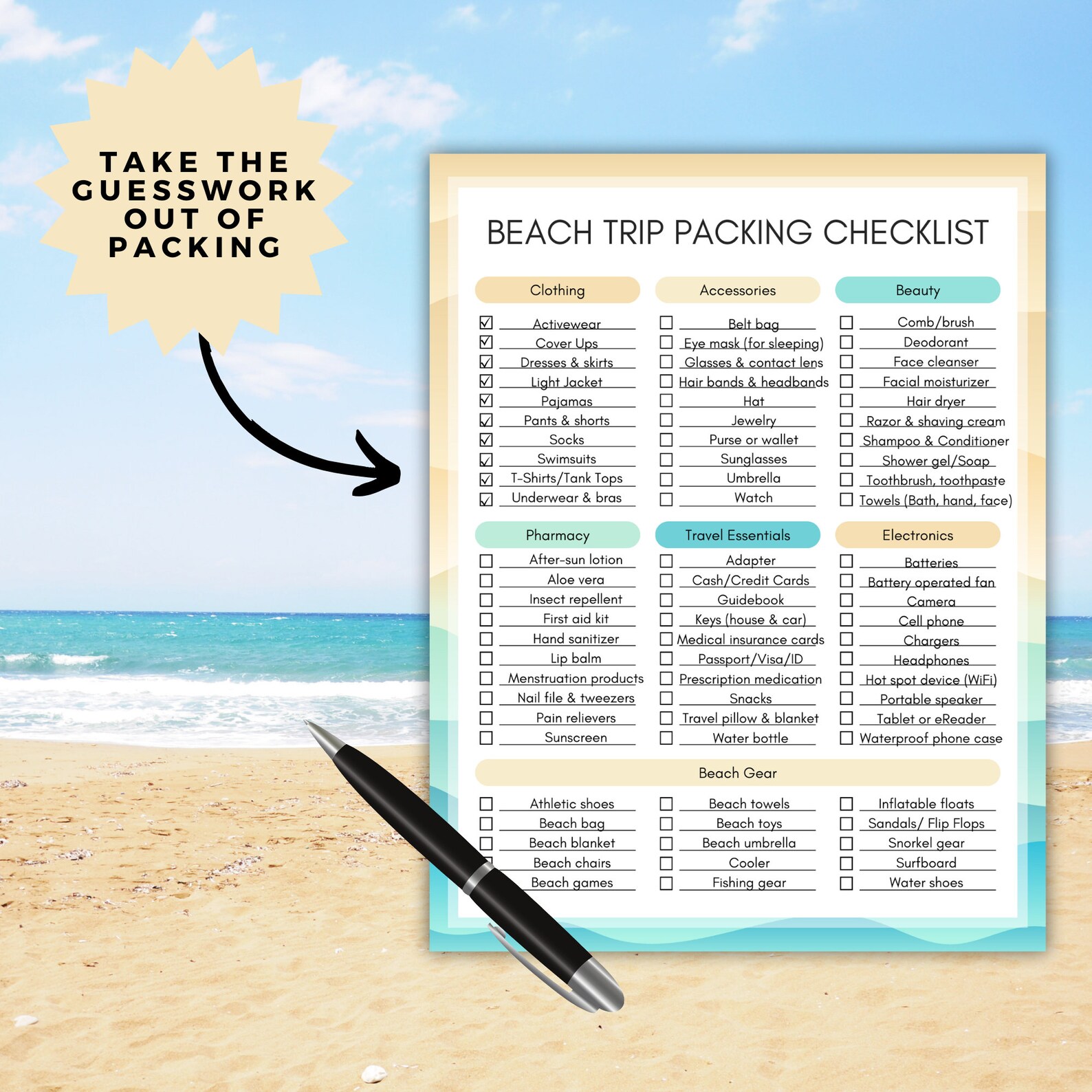 Printable Travel Essentials Packing Checklist- Vibrant Ocean Inspired ...