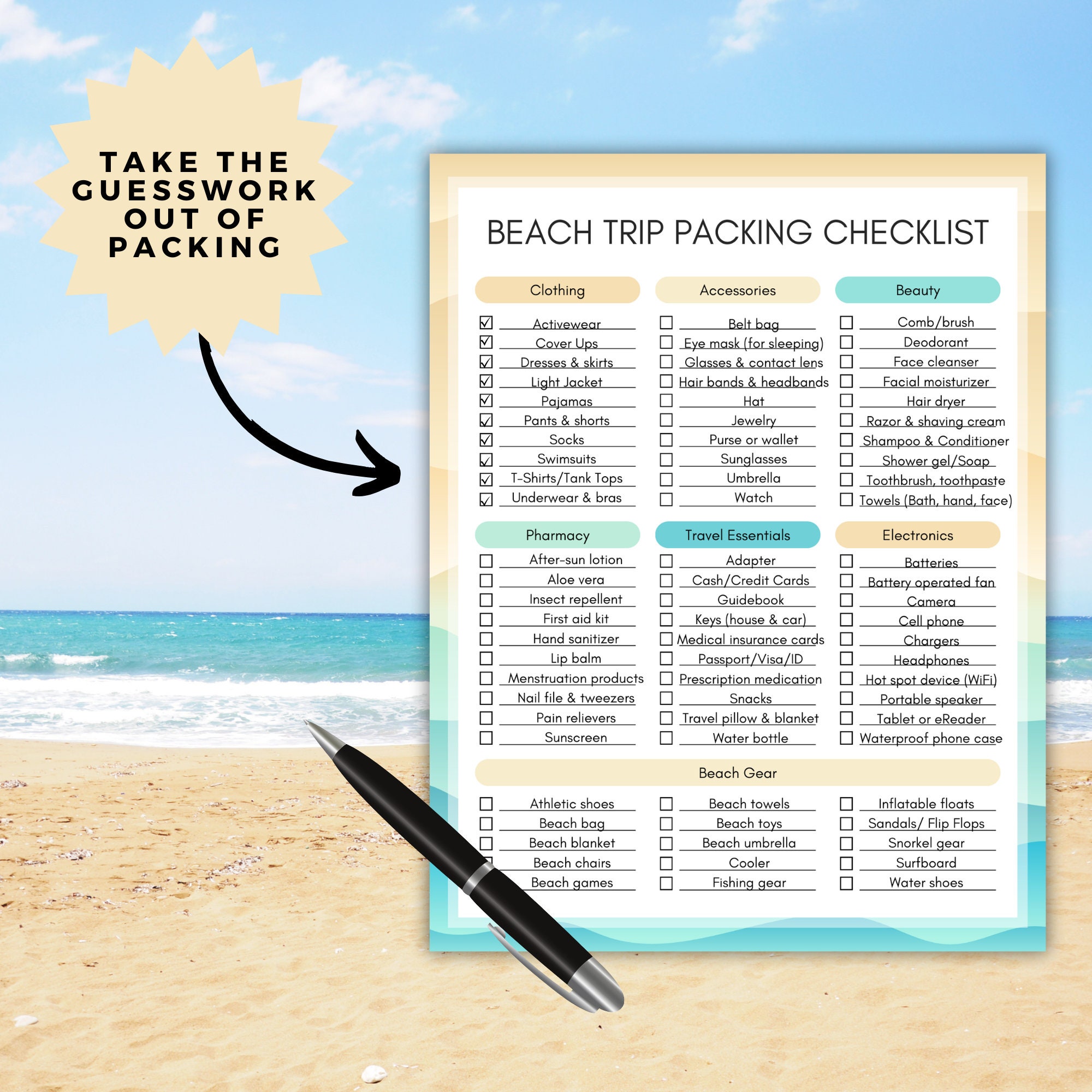 Printable Travel Essentials Packing Checklist- Vibrant Ocean Inspired ...