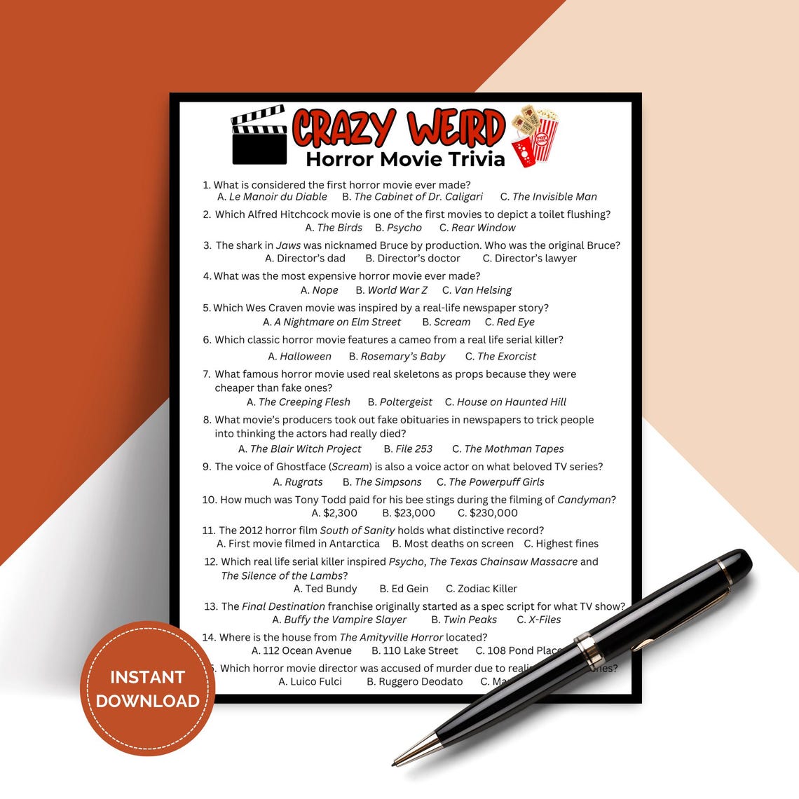 Printable Crazy Weird Horror Movie Trivia Game, Scary Movie Pub Trivia ...