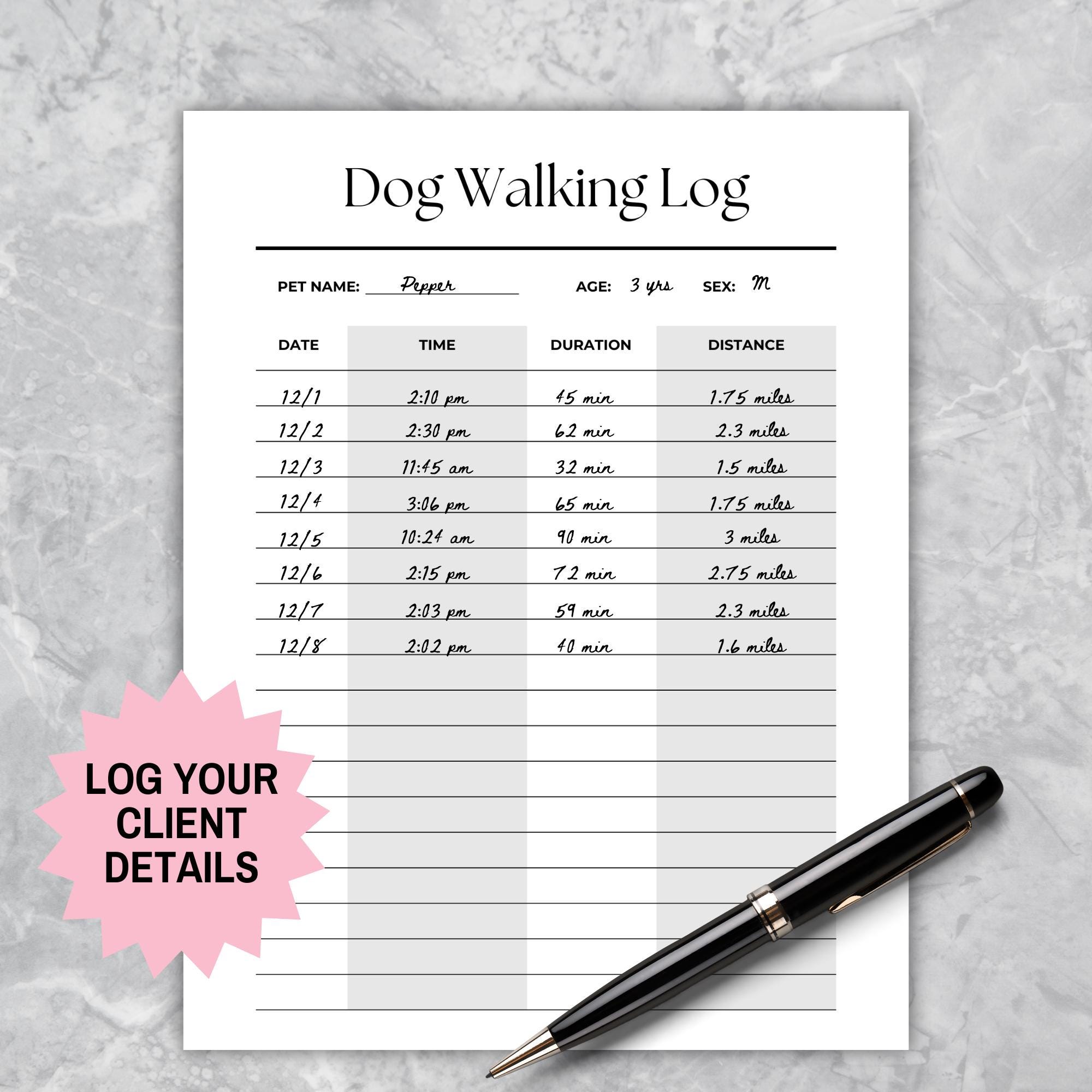 Printable Minimalist Dog Walking Log, Dog Walker Business Template - Etsy