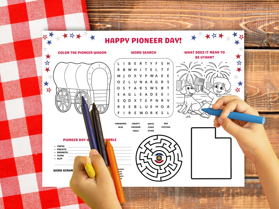 Printable LDS Pioneer Day Coloring Placemat - Fun Games & Activities ...