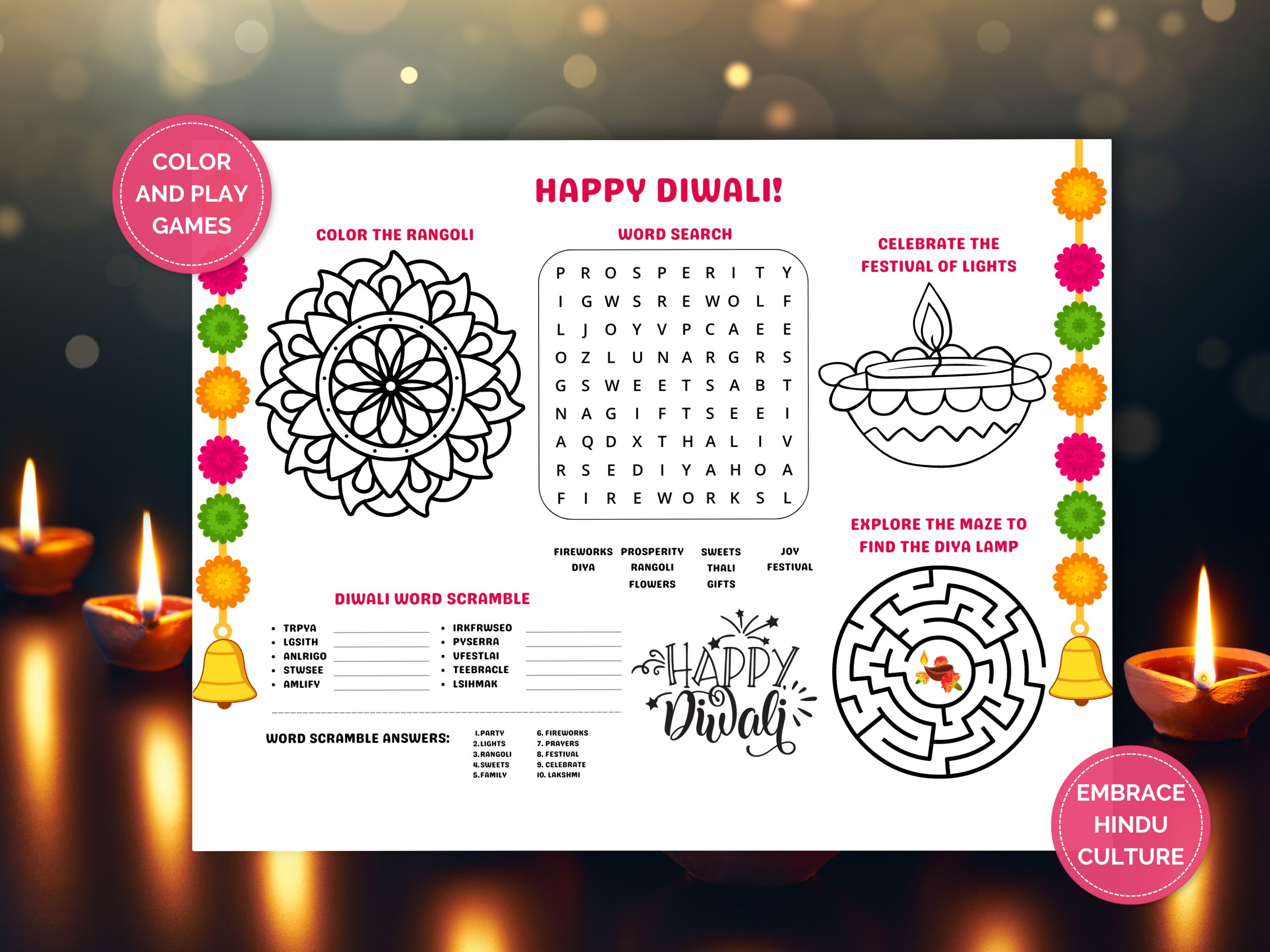 Printable Diwali Coloring Paper Placemats, Diwali Gift Ideas for Kids ...