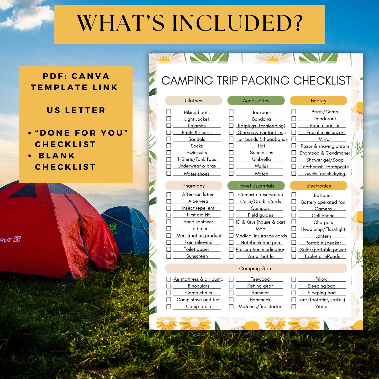 Editable Camping Essentials Checklist Yellow, Camping Packing Checklist ...