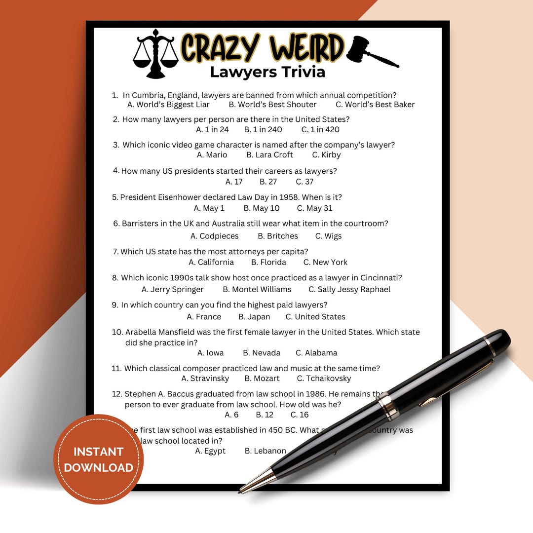 Printable Crazy Weird Lawyers Legal Trivia Game Perfect for Law School ...