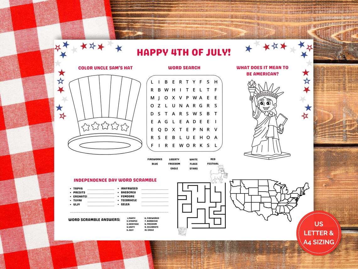 4th of July Printable Paper Placemats: Toddler-friendly Coloring Fun - Etsy