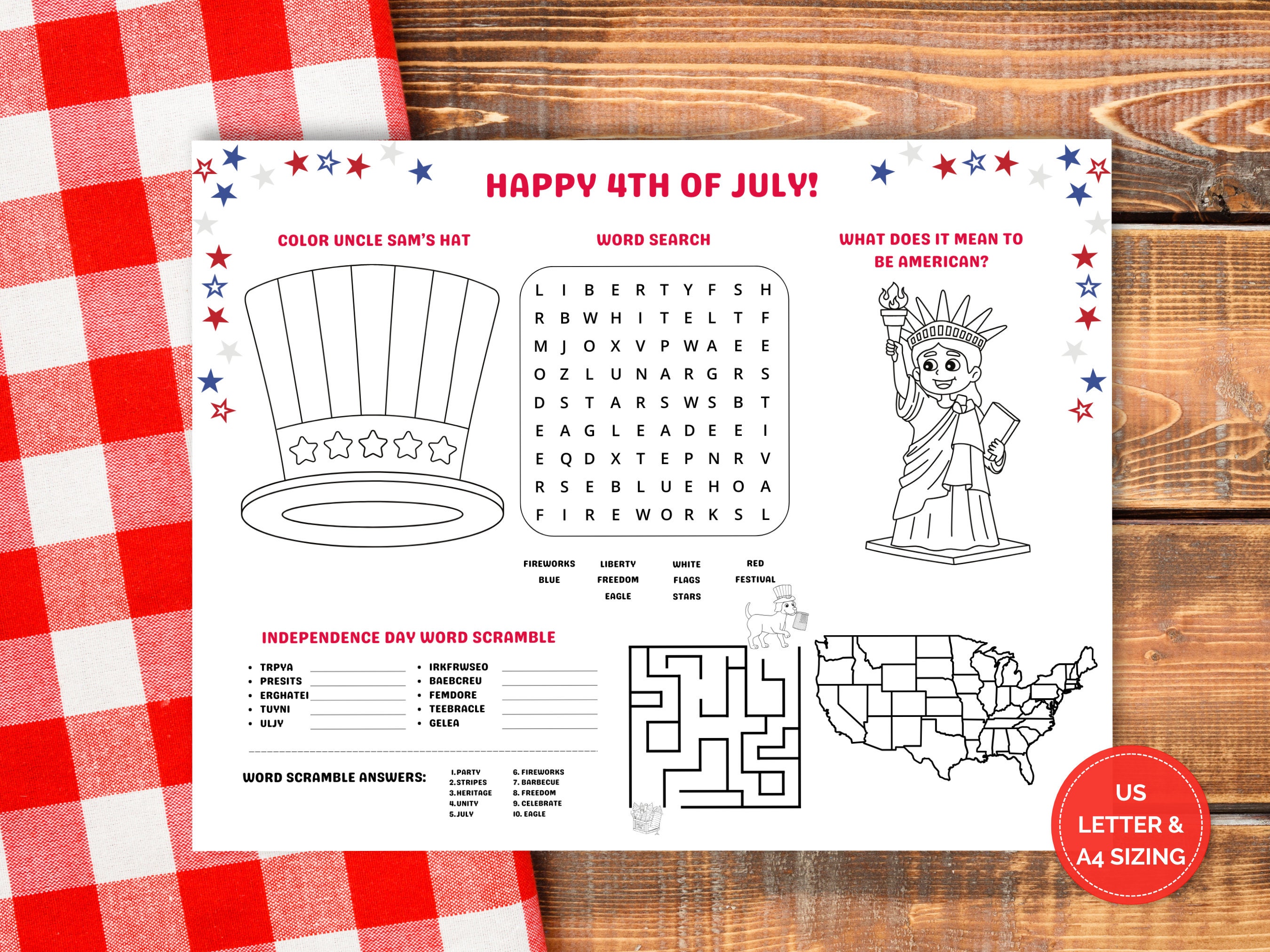 4th of July Printable Paper Placemats: Toddler-friendly Coloring Fun - Etsy