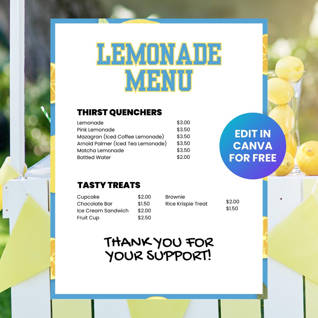 Editable Kids Lemonade Stand Menu Sign Template, Lemonade Bar Price ...