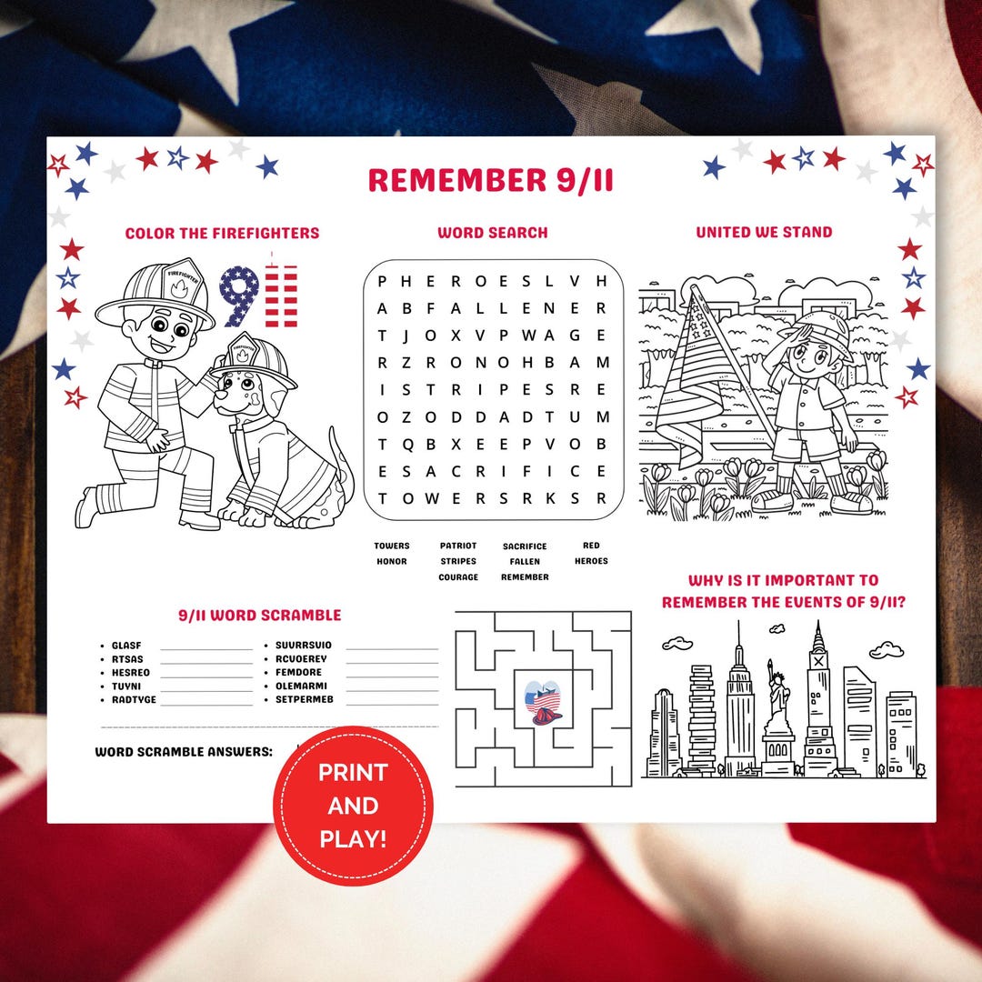 9/11 Remembrance Day Printable Placemats: Patriotic Activities for ...